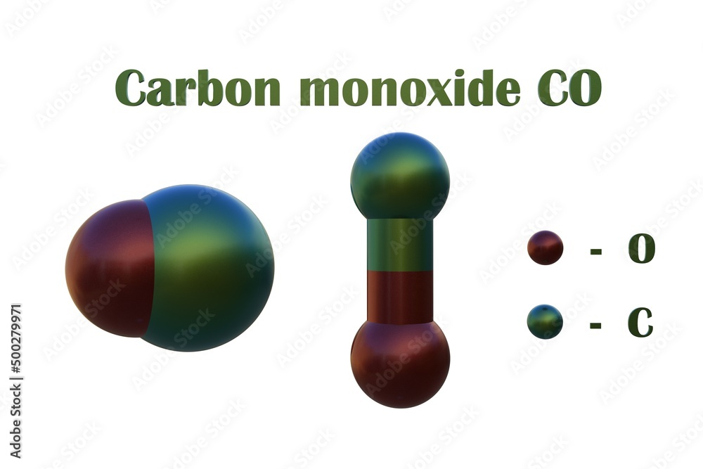 Structural chemical formula and molecular models of carbon monoxide, a ...
