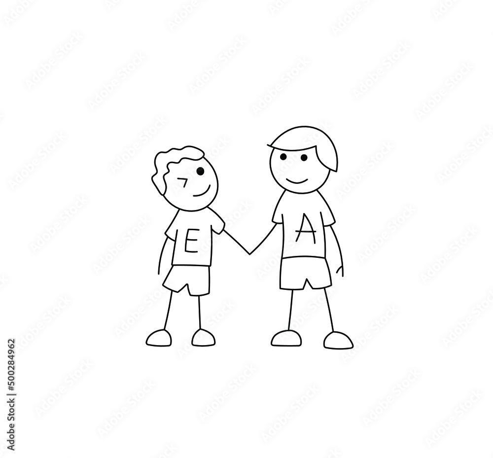 Vector isolated two cute cartoon doodle boys holding hands colorless ...
