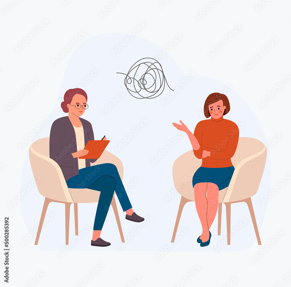 Sad girl talking with psychologist on the chairs. Vector flat style ...
