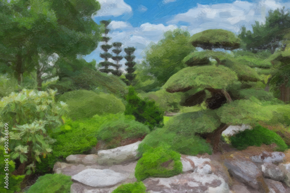 Beautiful abstract zen garden in summer, digital oil painting with ...