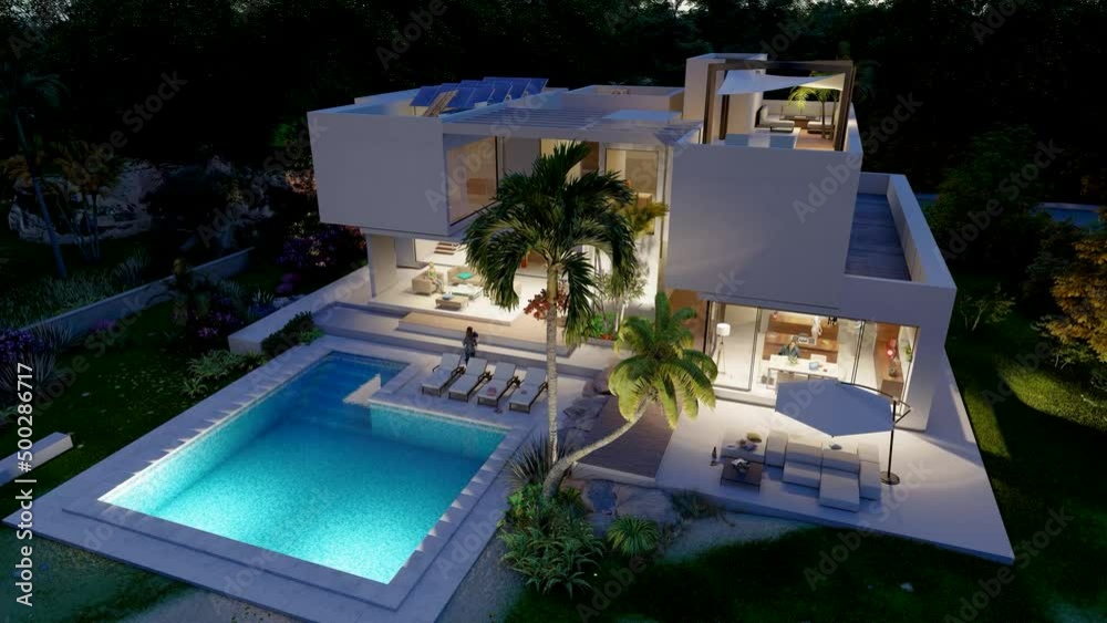 Aerial view of a Sustainable luxury villa at dusk Stock Video | Adobe Stock