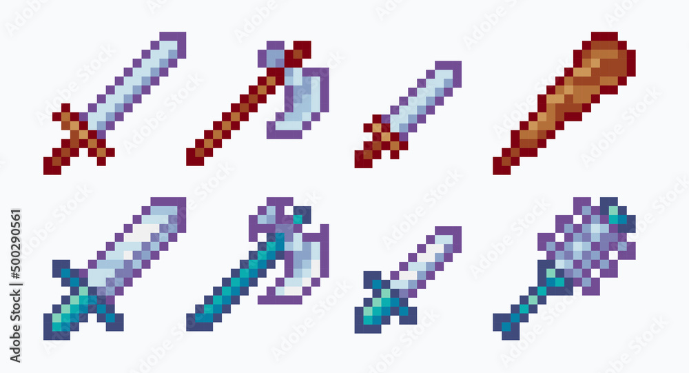Melee weapons pixel art set. Steel sword, club, dagger and axe ...