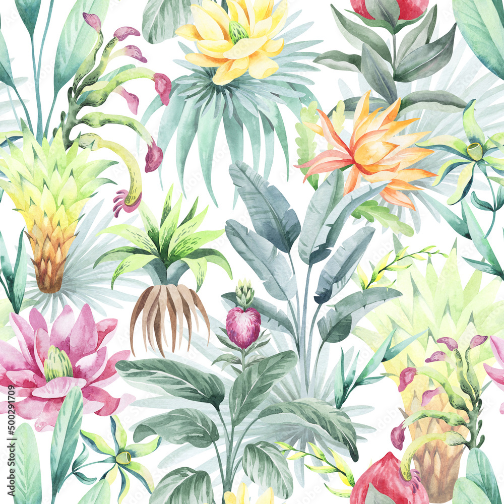 watercolor seamless pattern. floral background tropical blooming ...