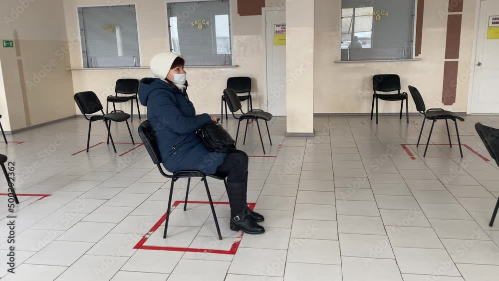 Concept of social distancing in the waiting room at the train station ...