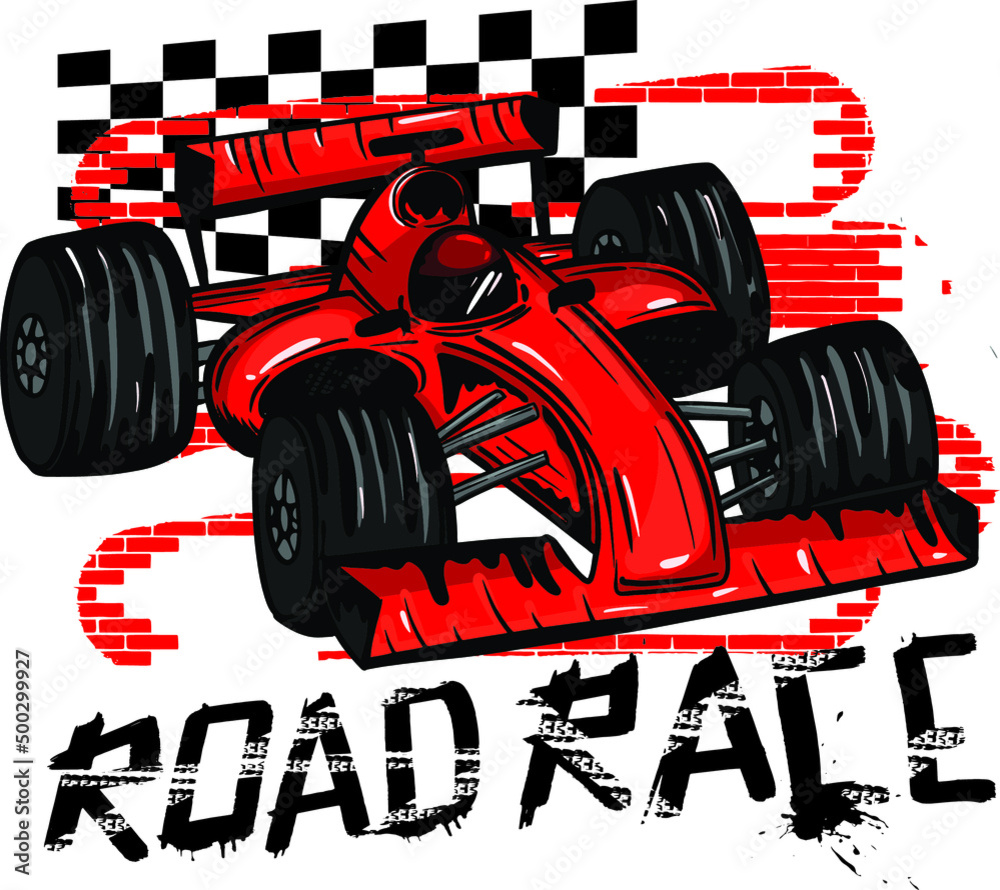 Typography print with Speed red race car illustration. Road race slogan ...