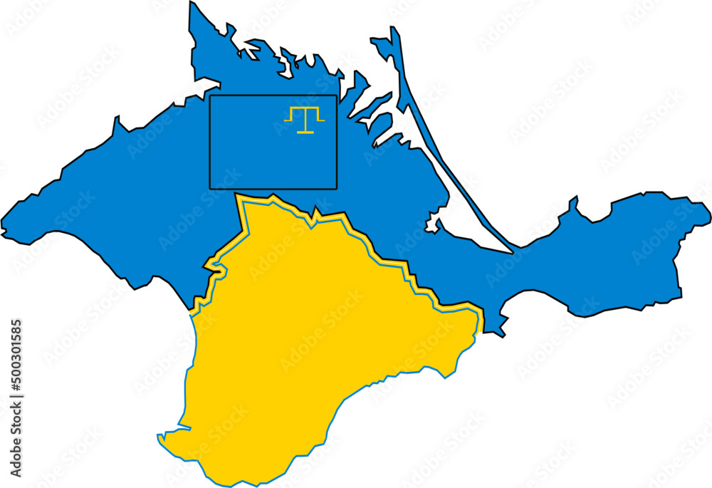 Map of Crimea in yellow-blue colors. Ukrainian Crimea with the flag of ...
