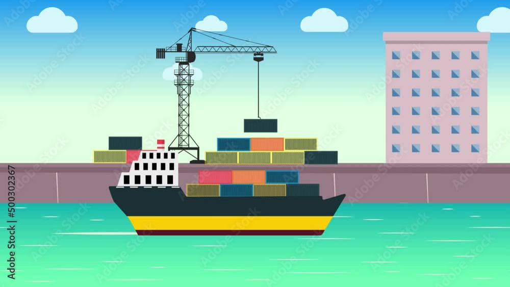 Transporting cargo with a ship 4K animation. Ship loading cargo ...
