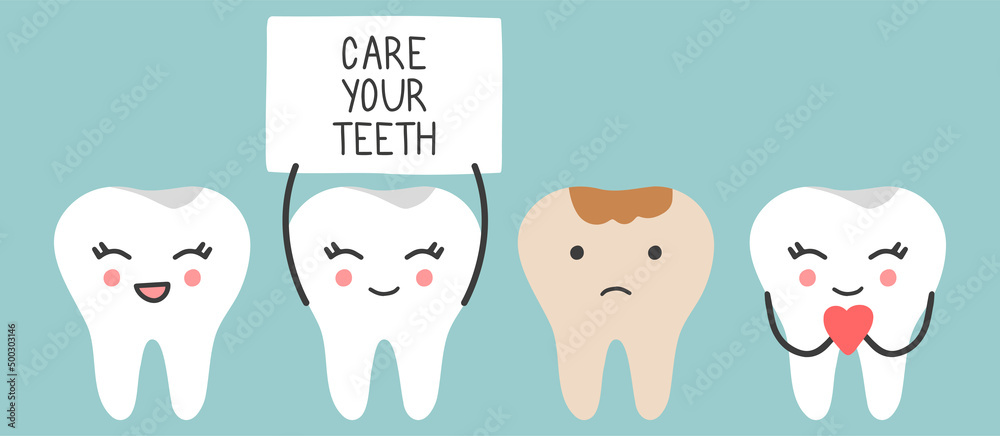 A set of happy teeth. Cute dental characters. Vector illustration of a ...