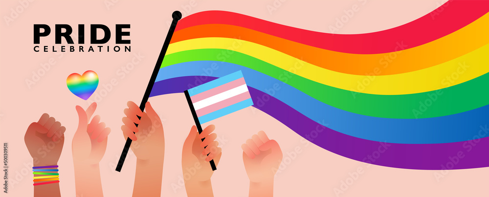 Banner of people hold rainbow flag with sign language hands represent ...
