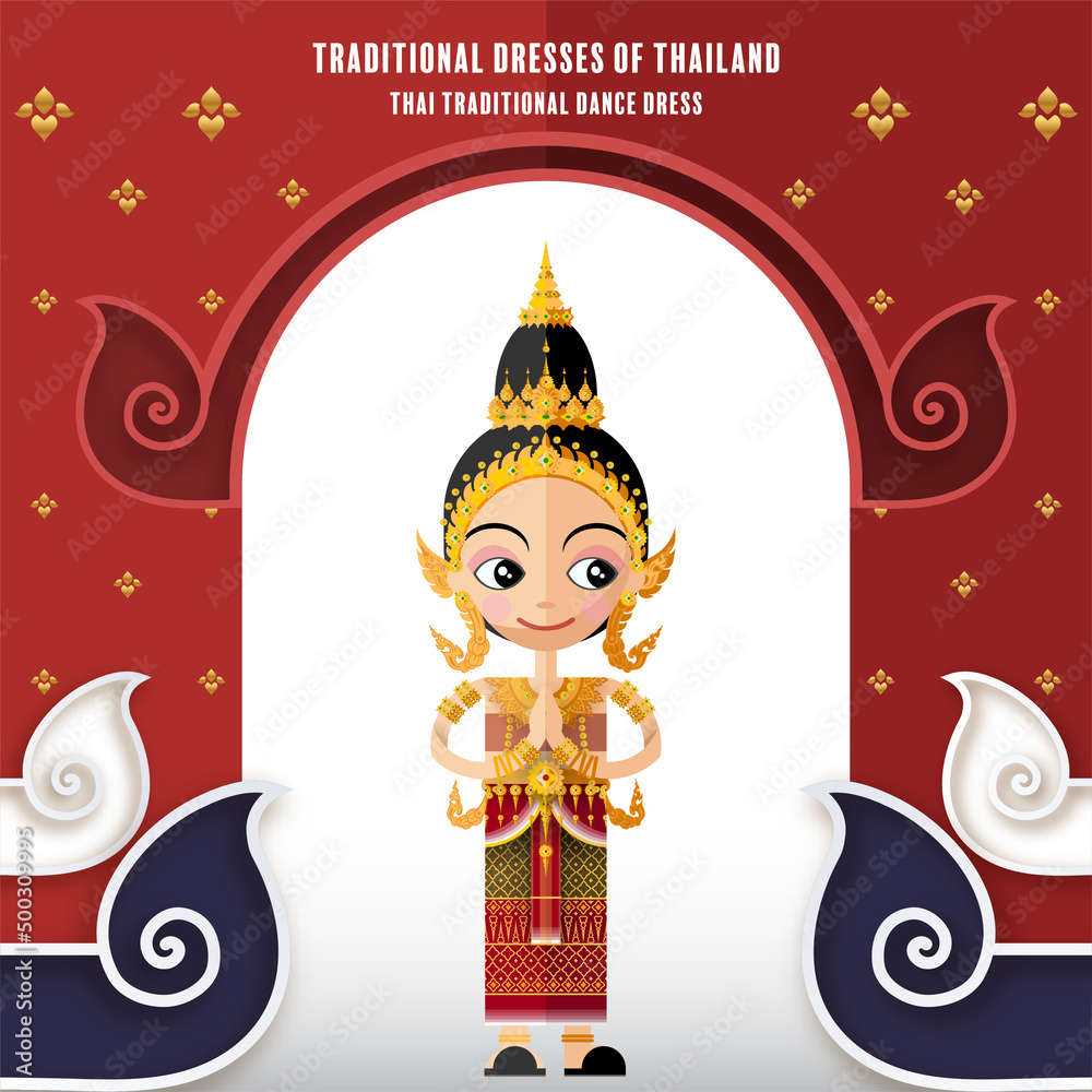 Cute cartoon characters girl in traditional dresses of thailand or thai ...