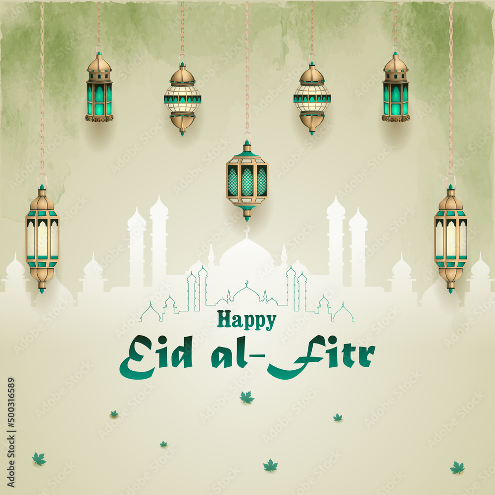Islamic greetings eid al-fitr card design with beautiful lanterns ...