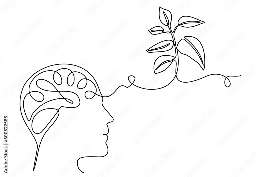 Plant leaves seed grow in brain concept. Continuous one line drawing of ...