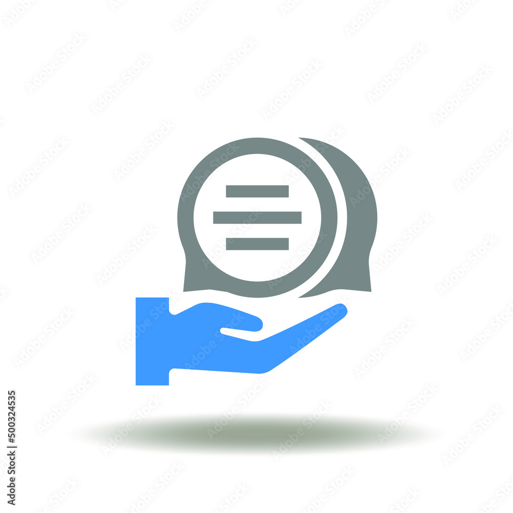 Vector illustration of hand hold speech bubbles. Icon of talk, discuss ...
