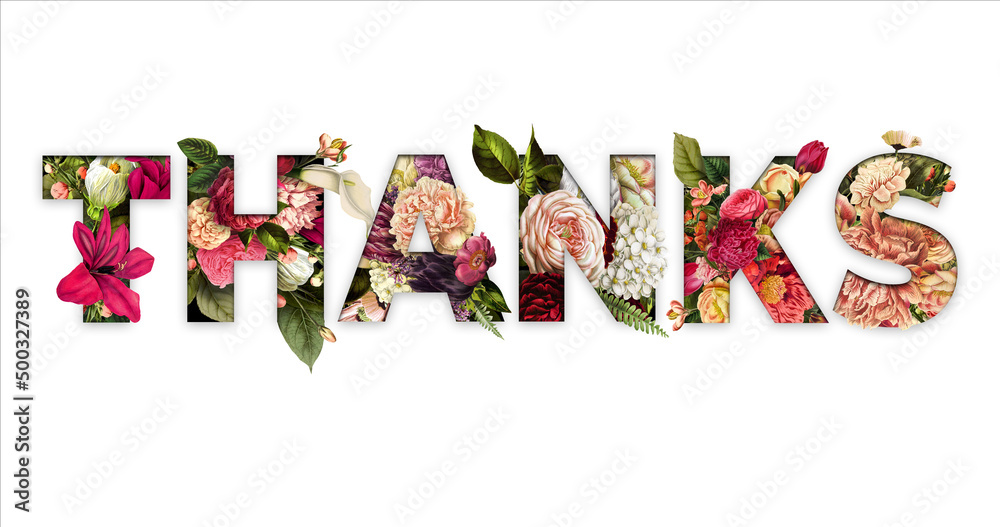Beautiful Thanks in colorful text with floral ornament on letters, on ...