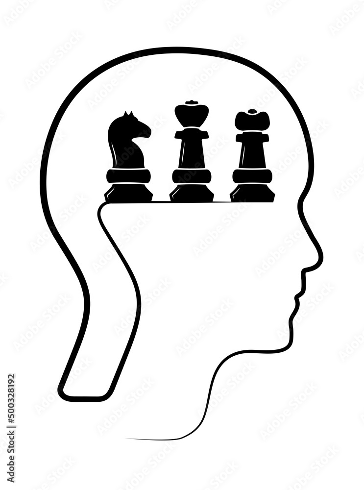 Human head, brain and chess pieces outline vector icon concept ...