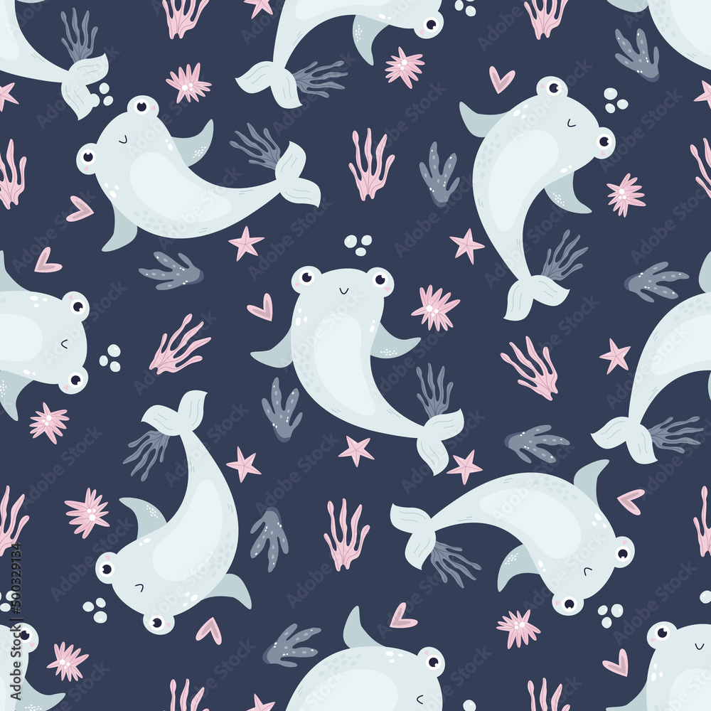 Seamless childish pattern with cute hammerhead sharks for nursery, baby ...