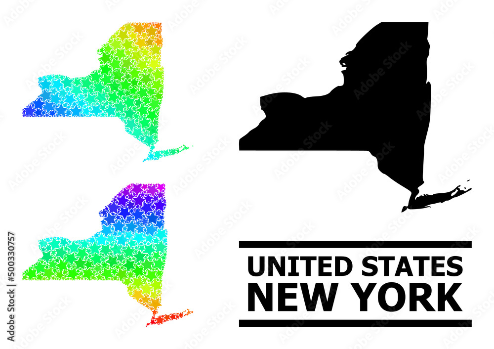 Spectral gradiented star mosaic map of New York State. Vector colorful ...