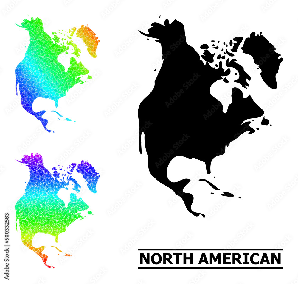 Spectral gradiented star collage map of North America. Vector vibrant ...