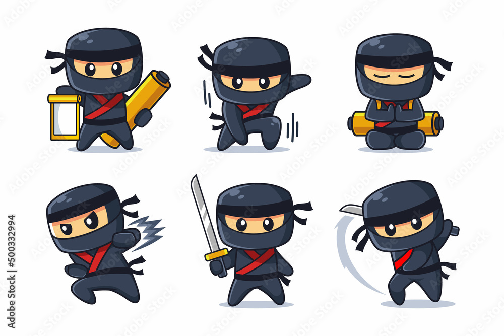 Ninja Cartoon Character in Various Poses Stock Vector | Adobe Stock