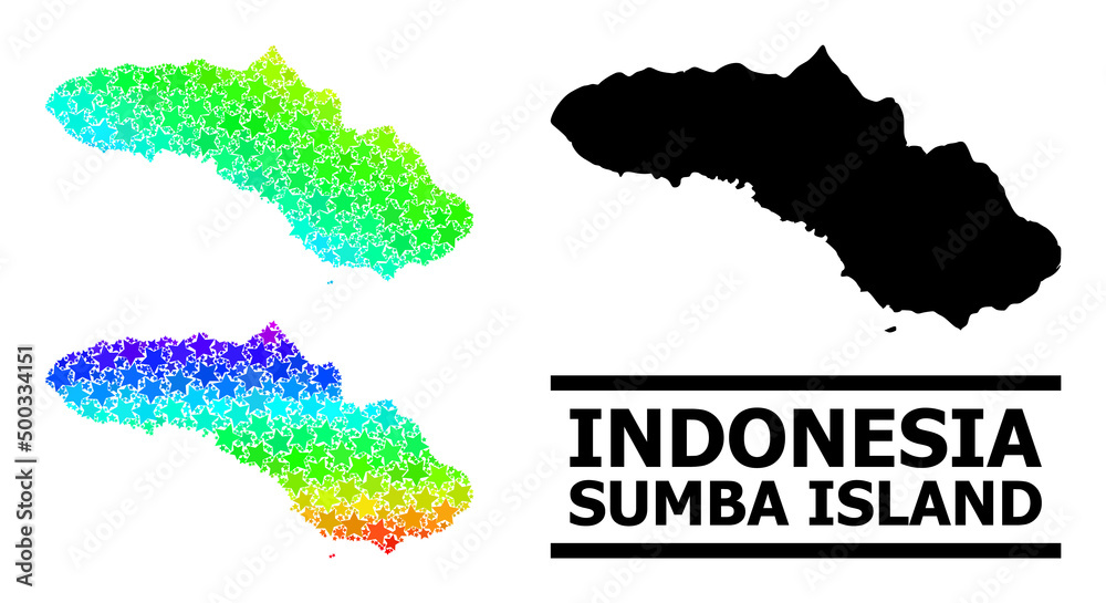 Rainbow gradiented star mosaic map of Sumba Island. Vector colored map ...