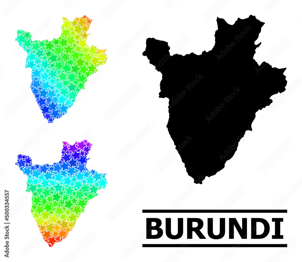 Spectral gradiented star mosaic map of Burundi. Vector colorful map of ...