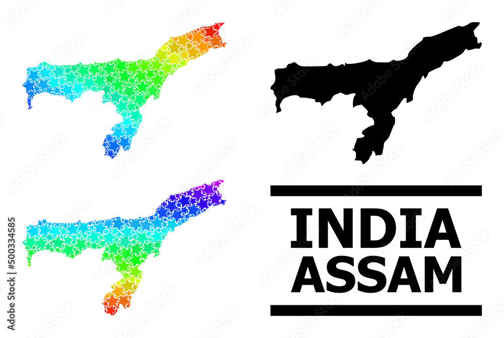 Spectrum gradient starred mosaic map of Assam State. Vector vibrant map ...