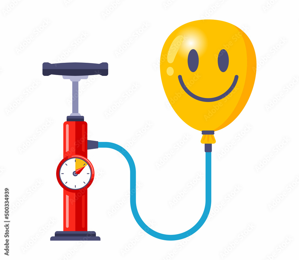 the air pump inflates the yellow balloon. inflation device. flat vector ...