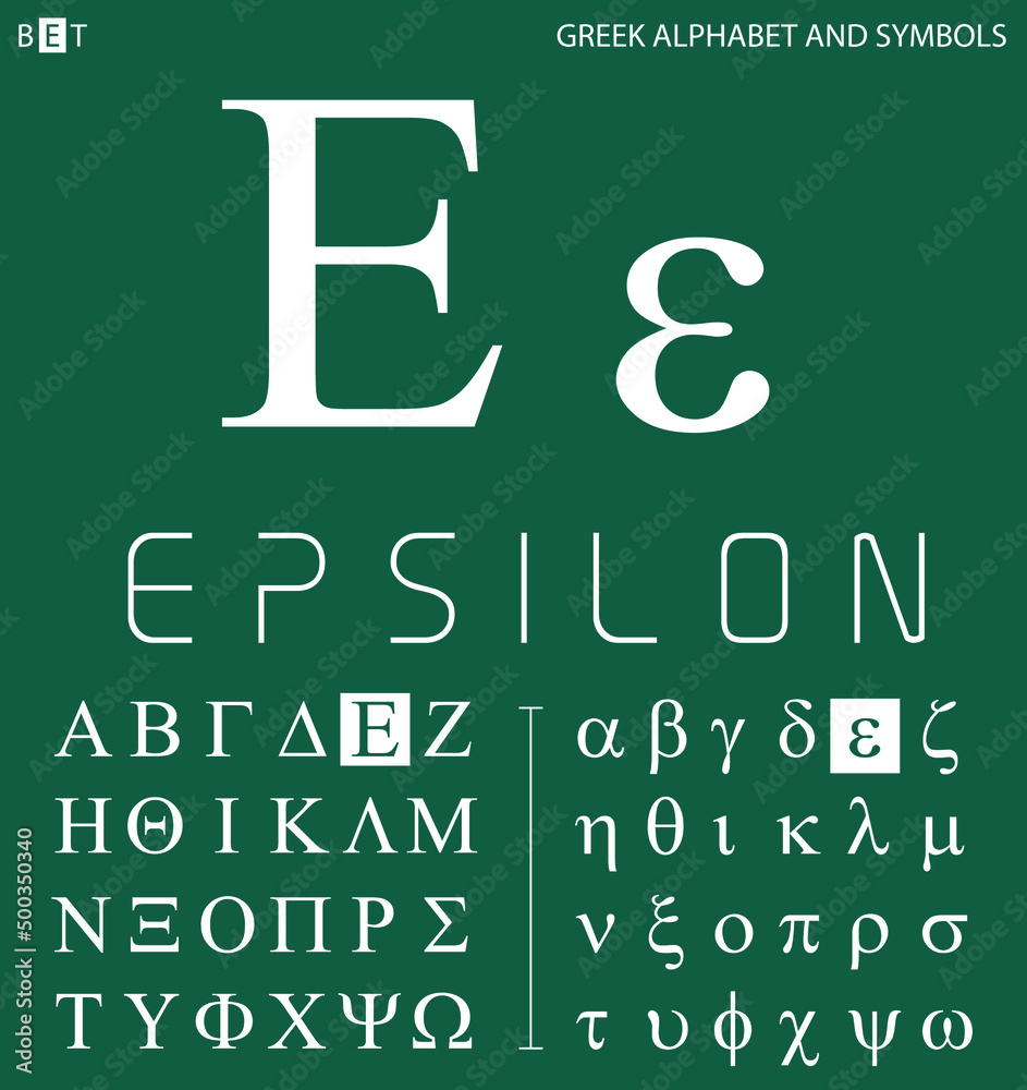 Greek alphabet and symbols, epsilon letter with pronunciation Stock ...