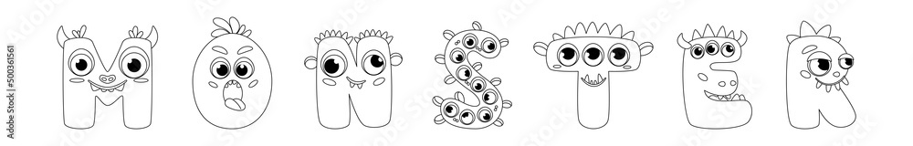 Word Monster coloring book. English alphabet with funny monsters ...