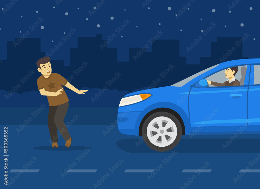 Safe Car Driving And Pedestrian Safety Rules Young Male Pedestrian Is