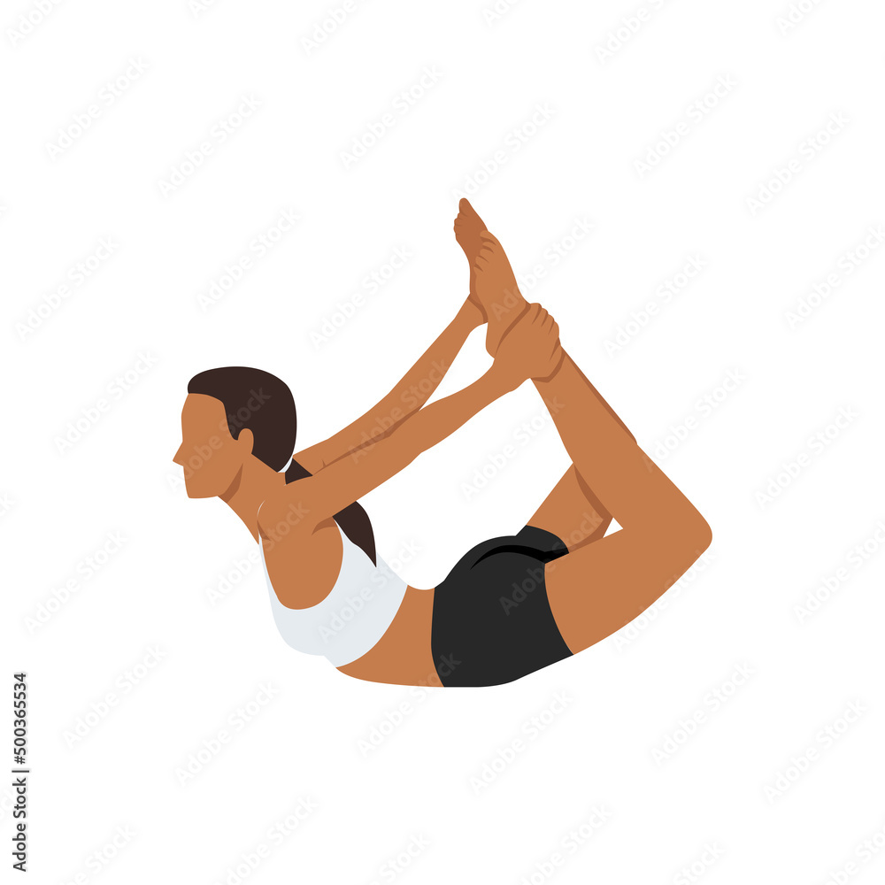 Woman doing yoga pose,Dhanurasana Bow Pose asana in hatha yoga Flat vector illustration isolated ...