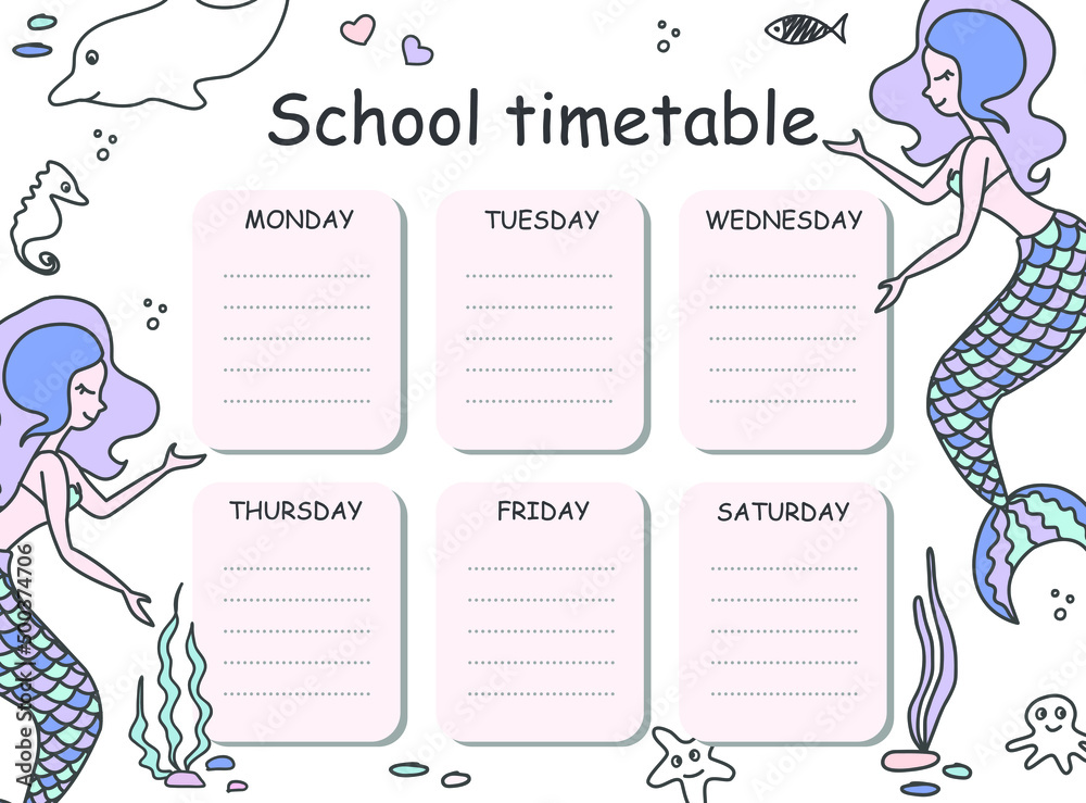 School timetable template for students or schoolchildren. Cartoon ...