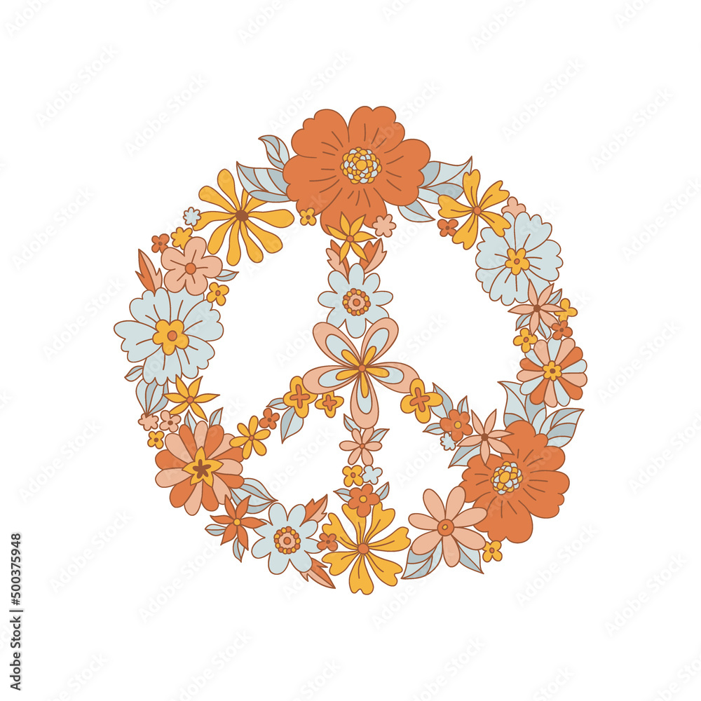 Retro 70s 60s Summer Hippie Groovy Peace Sign Floral wreath vector ...