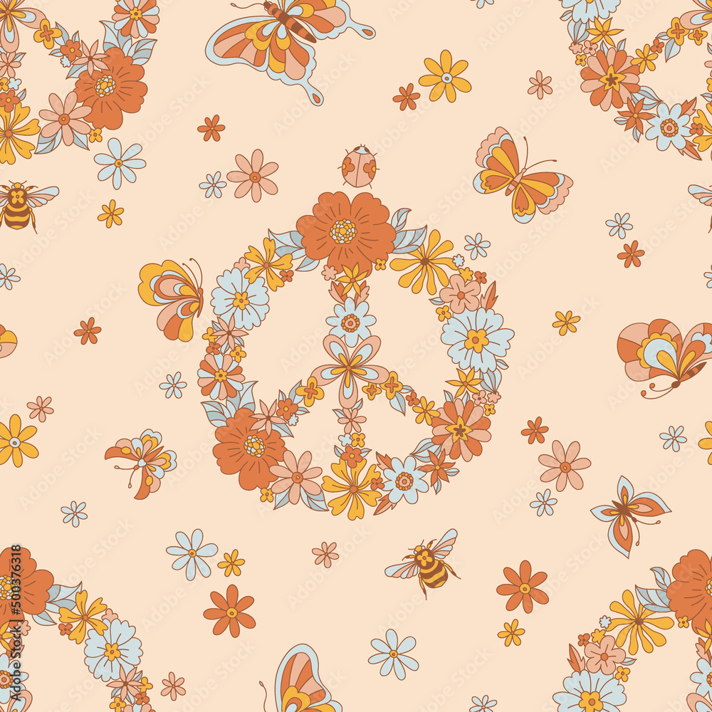 Retro 70s 60s Floral Hippie Summer Peace Sign Groovy Flower Power ...