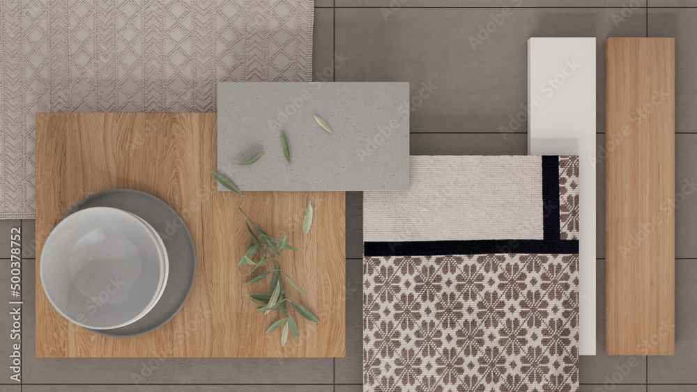 Texture, fabric, materials mood board in white and wooden tones ...