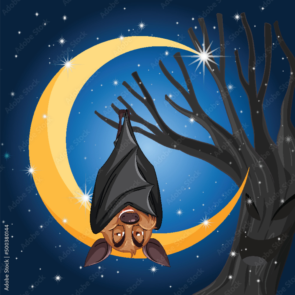 Cartoon bat with crescent moon background Stock Vector | Adobe Stock