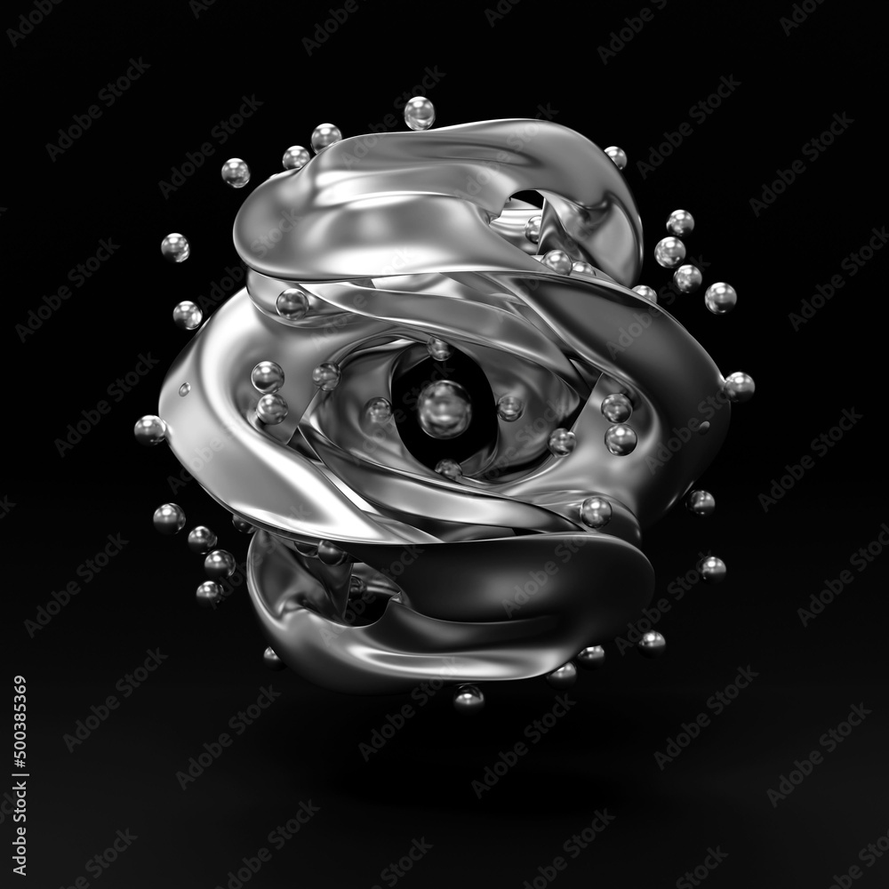 Abstract art 3d sculpture with silver flower in curve wavy spherical ...