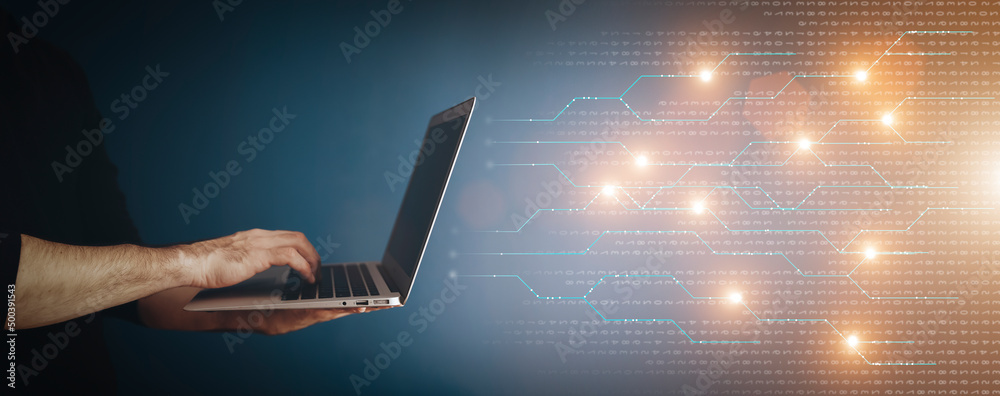 Big data technology background. Using a laptop against the background ...