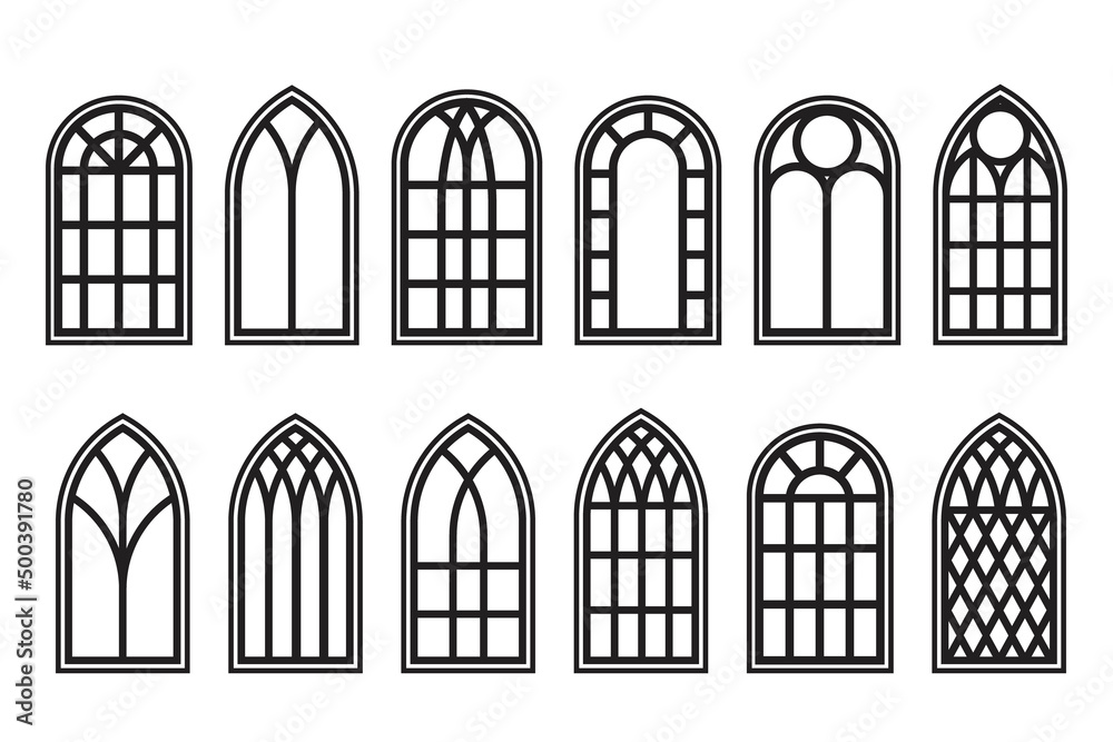 Gothic windows outline set. Silhouette of vintage stained glass church ...