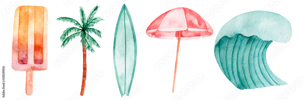 Watercolor summer set. Ice cream, palm tree, surf board, beach umbrella ...