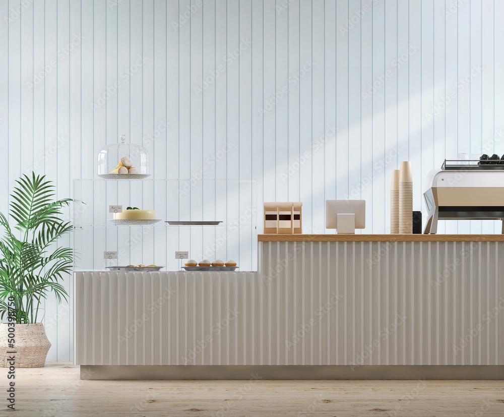 Realistic 3D render cafe interior design in pastel minimal style, Front ...