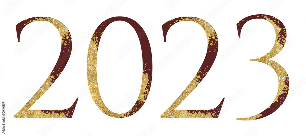 Dark red and Golden glitter number 2023 with dispersion effect, festive ...