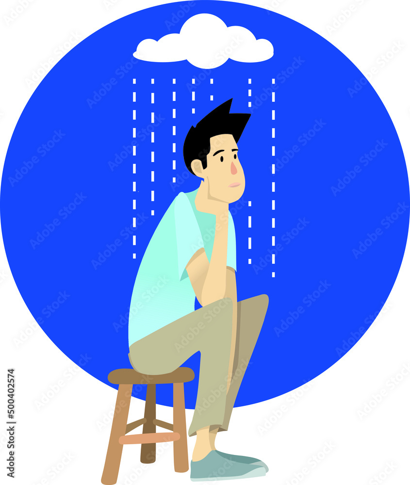 Lonely sad boy sitting alone with rainy clouds over him. Unhappy young ...