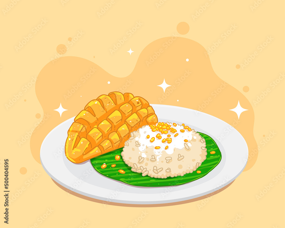 Mango sticky rice traditional asian sweet food logo cartoon art ...