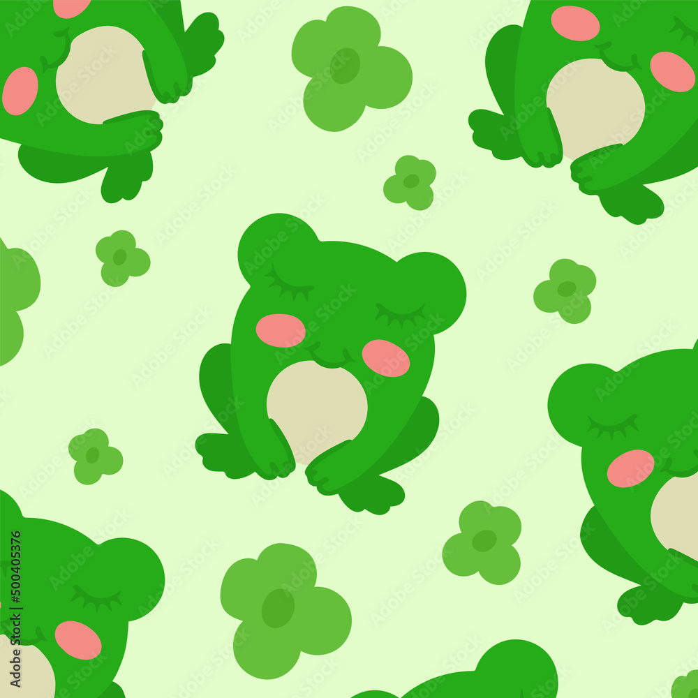 Concept of cute pattern with green frogs and flowers. Repeating frogs ...