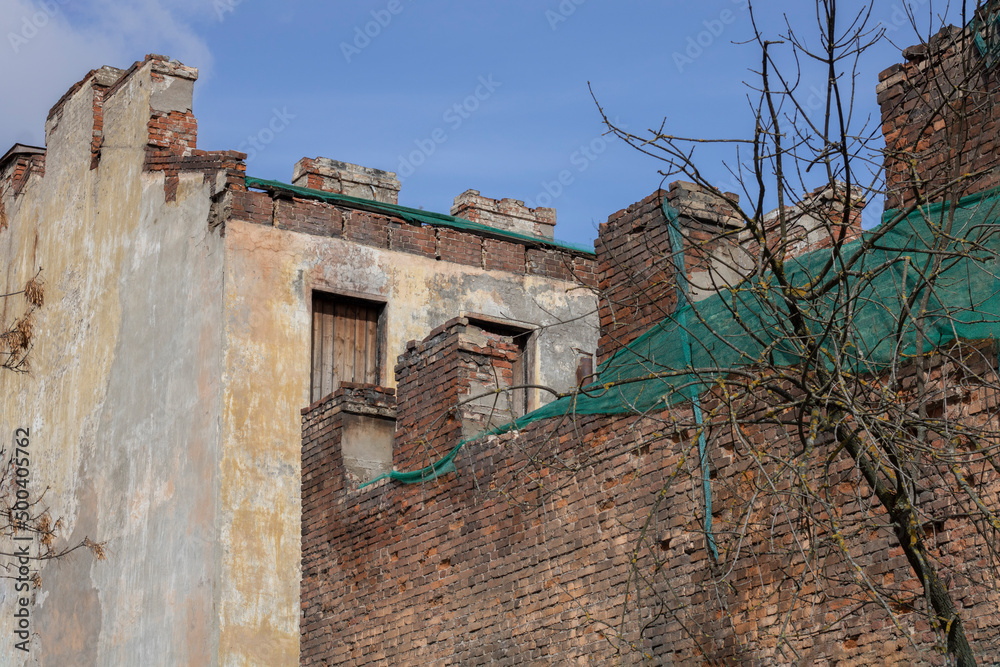 Destroyed brick building. Restoration of old buildings. Old abandoned ...