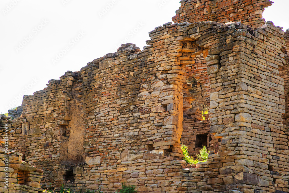 Abandoned houses of the ancient village of Gamsutl with destroyed stone ...