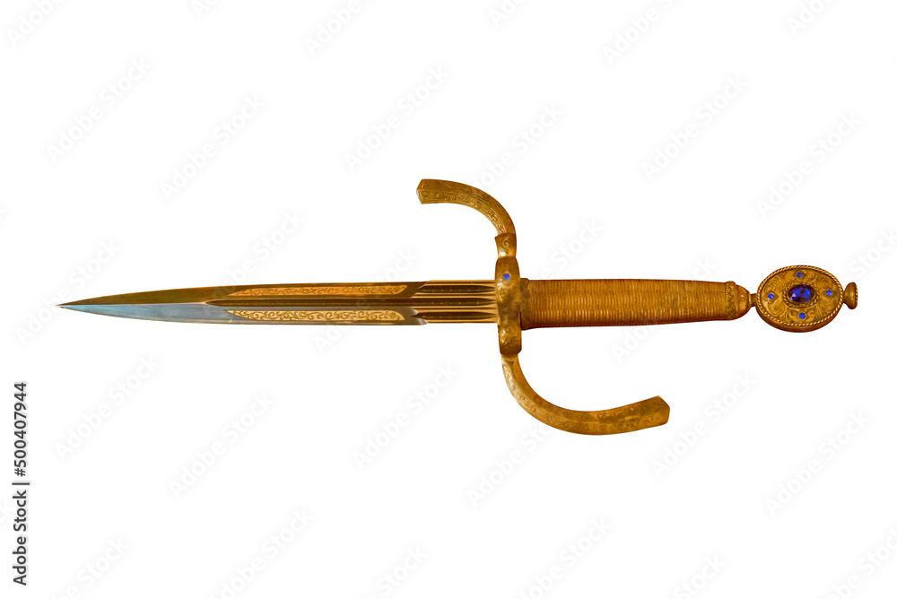 An antique dagger with a blue sapphire on an isolated white background ...