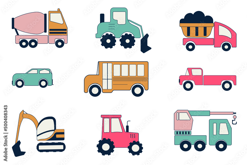 Cute collection of working cars. Cartoon kids cars in the Scandinavian ...