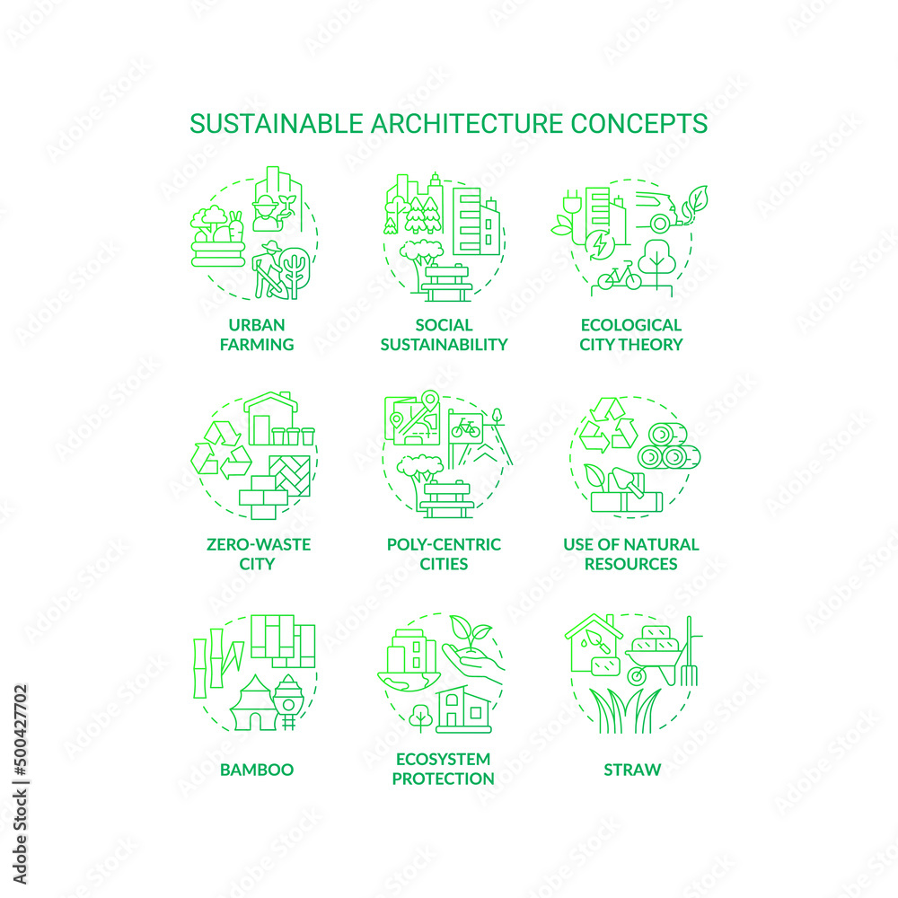 Sustainable architecture green gradient concept icons set. Ecological ...